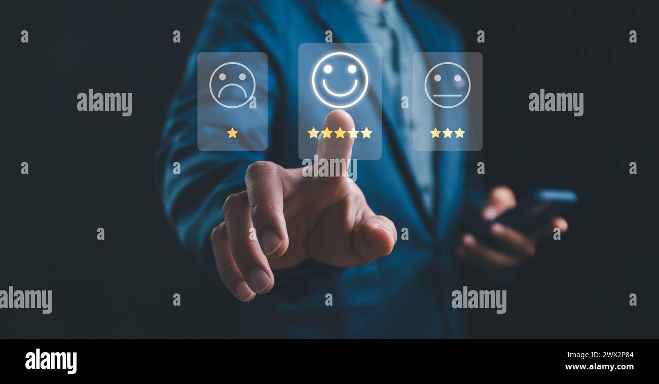 Customer service and Satisfaction ,business man giving Feedback satisfaction. five stars ...
