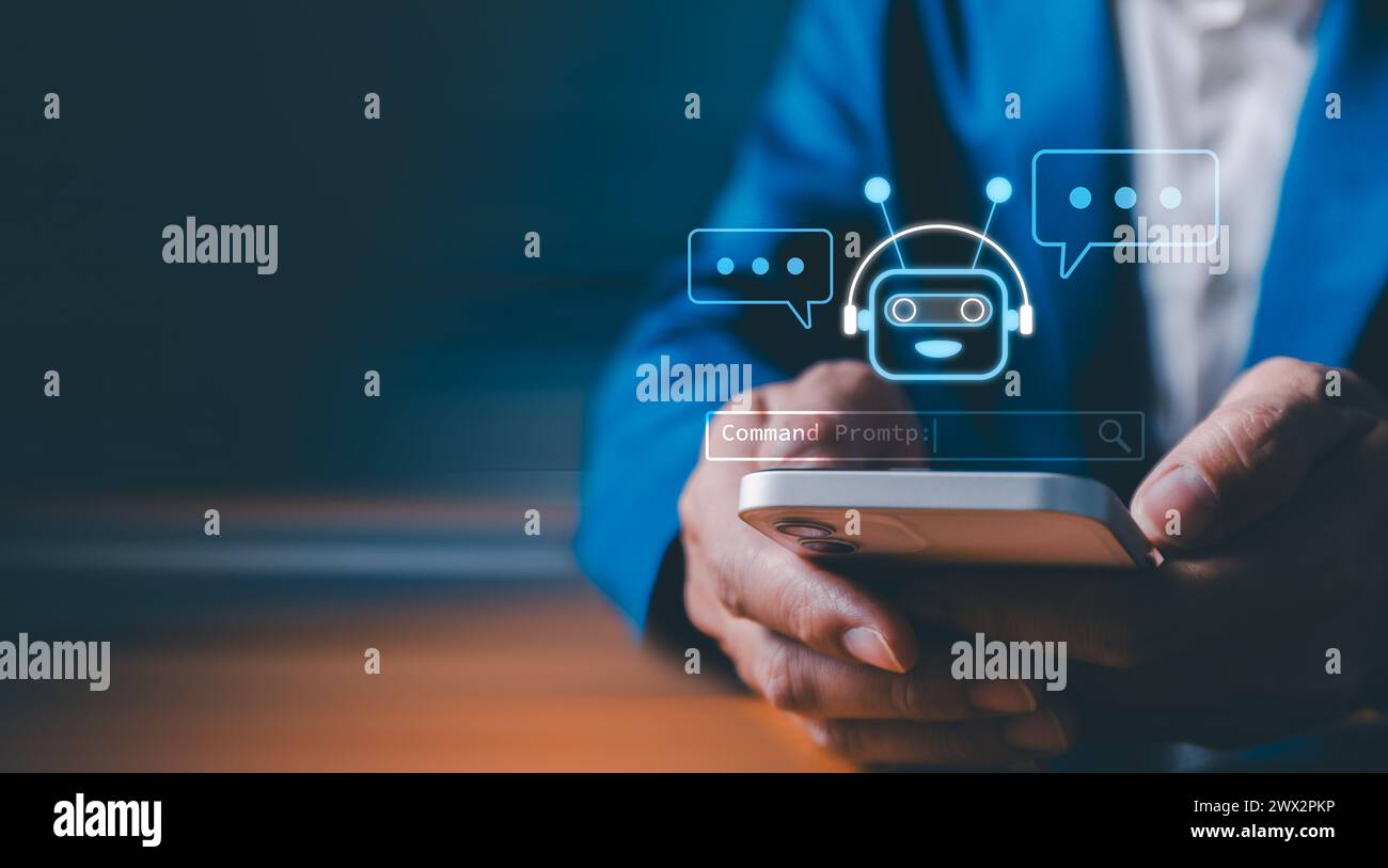 Man using hand AI, Artificial Intelligence to generate content. Text to ...