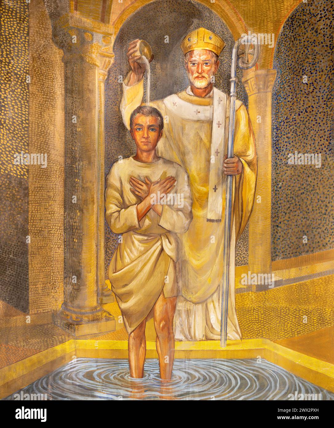 MILAN, ITALY - MARCH 4, 2024: The fresco Baptism of St. Augustine in ...