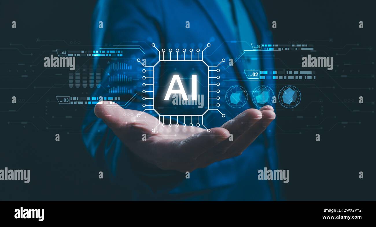 AI tech, AI generation, businessman show virtual graphic Global Internet connect Chat with AI ...