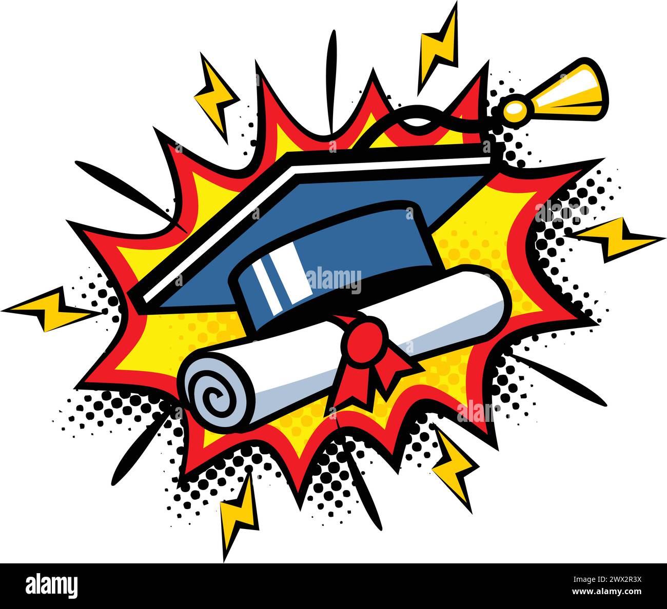 Graduation cap and certificate scroll on comic explosion background ...