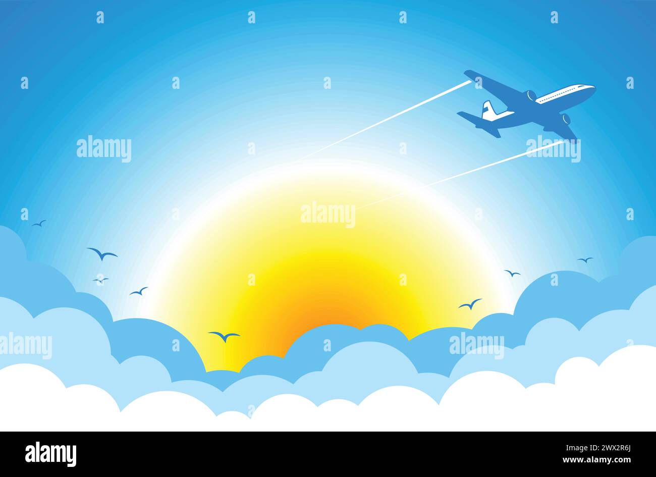White plane in the blue sky flying above the clouds. Vector background ...