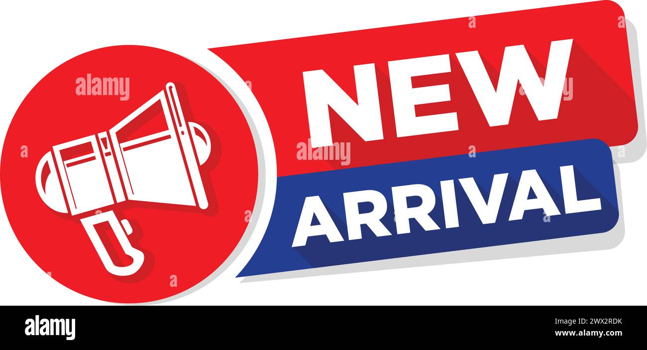 New Arrival. Sticker, tag or banner with megaphone. Vector on ...