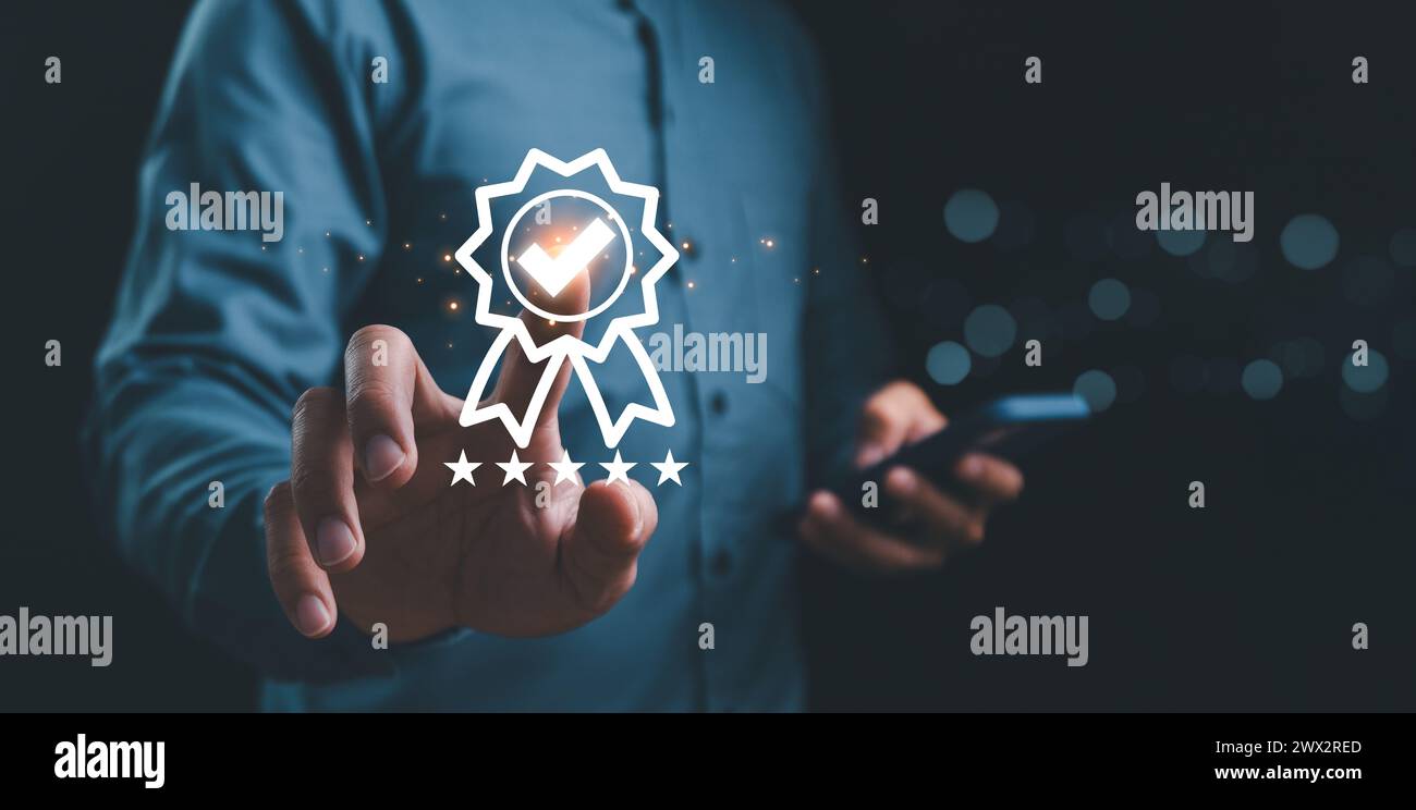 Businessman Hand touching on the sign of the top service the best ...