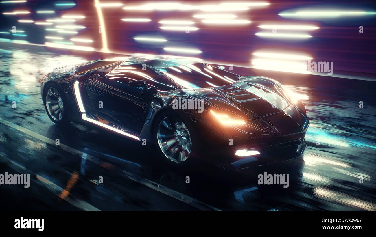 Futuristic sports car high speed drive with neon background Stock Photo ...
