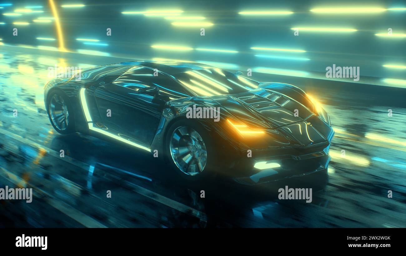 Futuristic sports car high speed drive with neon background Stock Photo ...