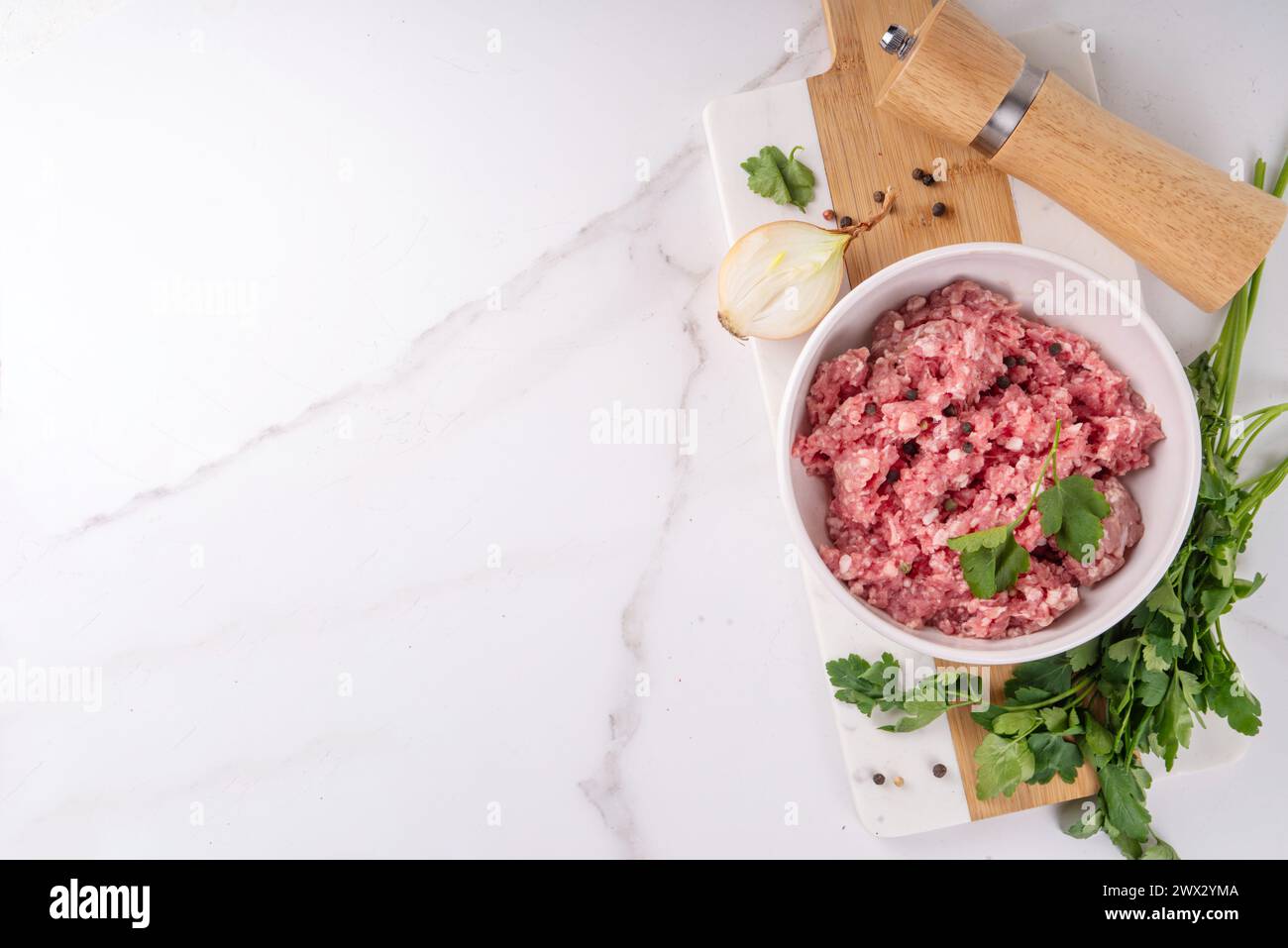 Cooking dinner background. Raw fresh uncooked minced pork, beef, lamb ...