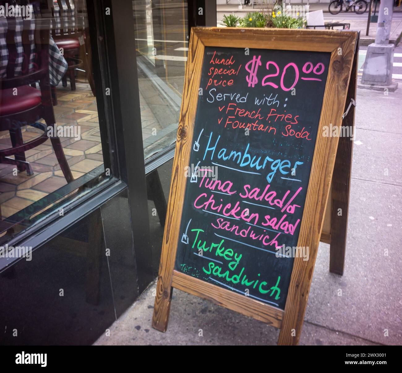 Lunch special on a chalkboard outside a restaurant in Chelsea in New ...