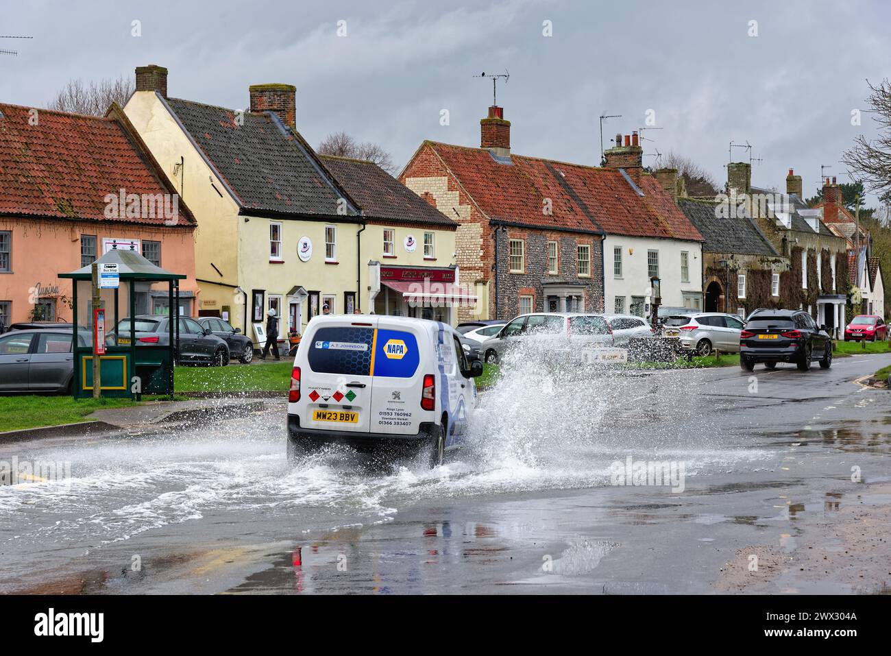 The 17th century Norfolk village of Burnham Market on a wet spring day ...