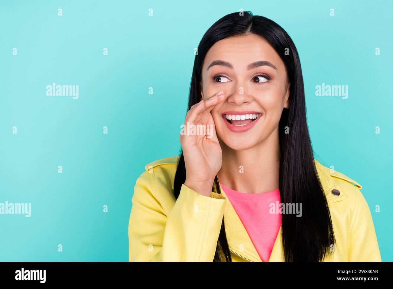 Photo Of Hooray Millennial Brunette Lady Hand Mouth Tell Secret Wear