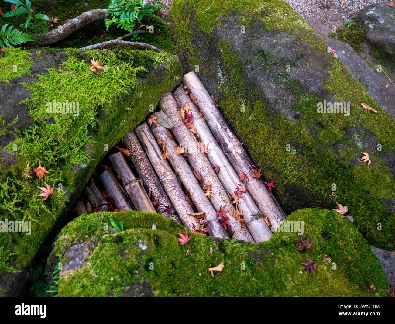 Wooden object in Insuien Garden in Nara, Japan. This garden is one of ...