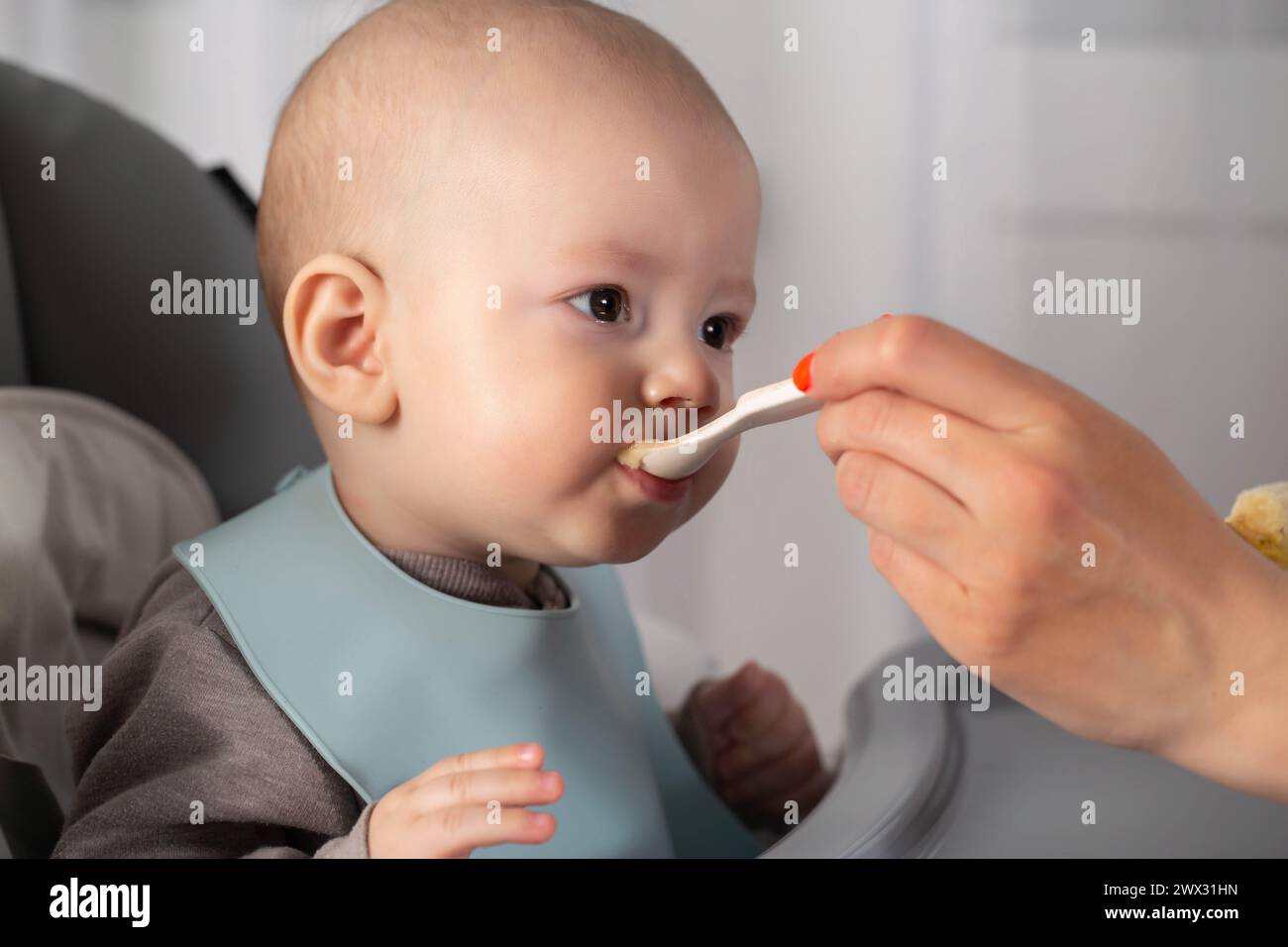 A mother feeds a baby boy who is 8 months old with meat puree. Feeding ...
