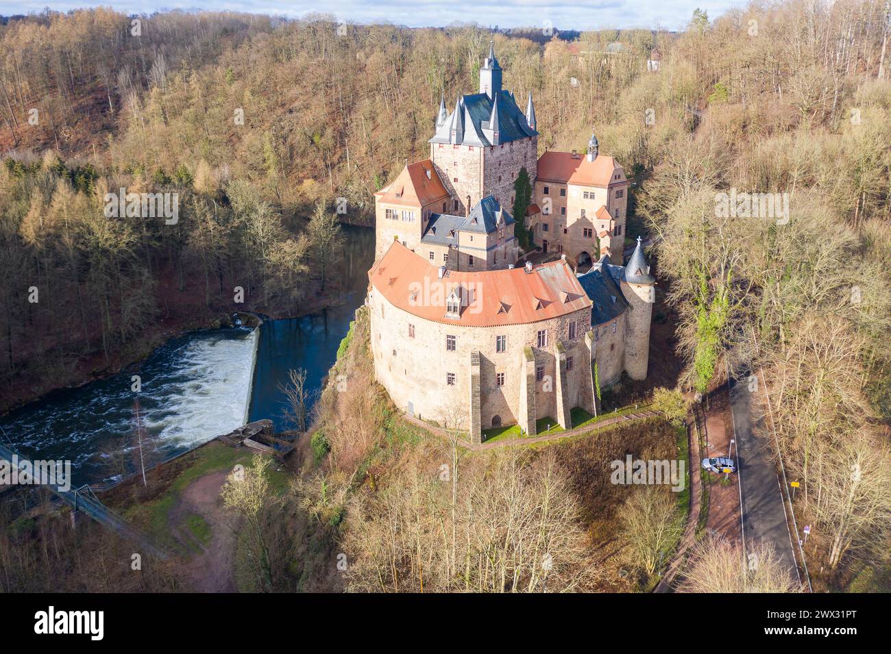 Luftbild der Burg Kriebstein mit Zschopau, Kriebethal, Sachsen ...