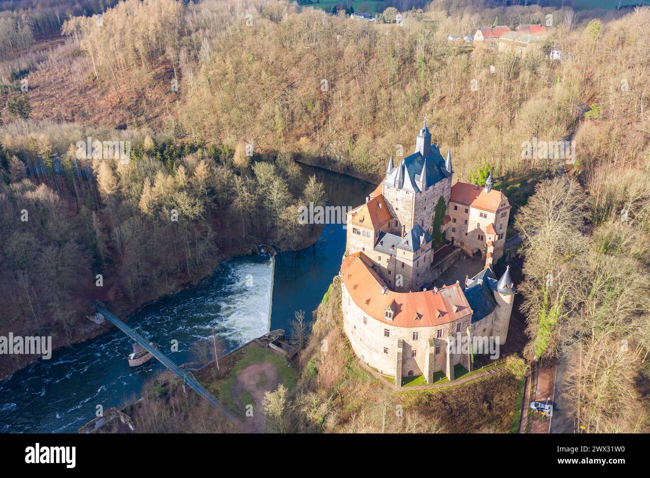 Luftbild der Burg Kriebstein mit Zschopau, Kriebethal, Sachsen ...