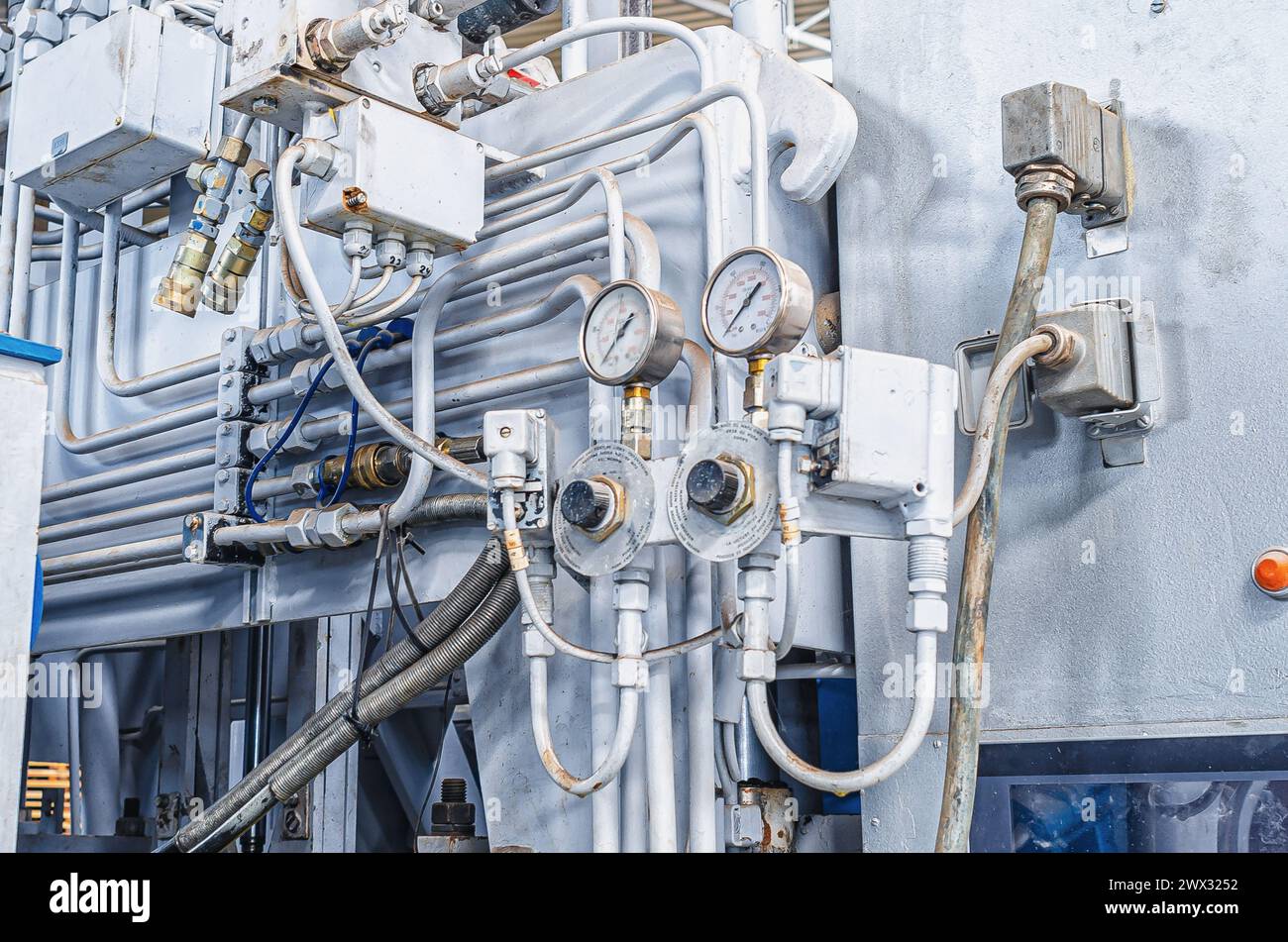 Part of equipment under pressure. Factory shop with industrial ...