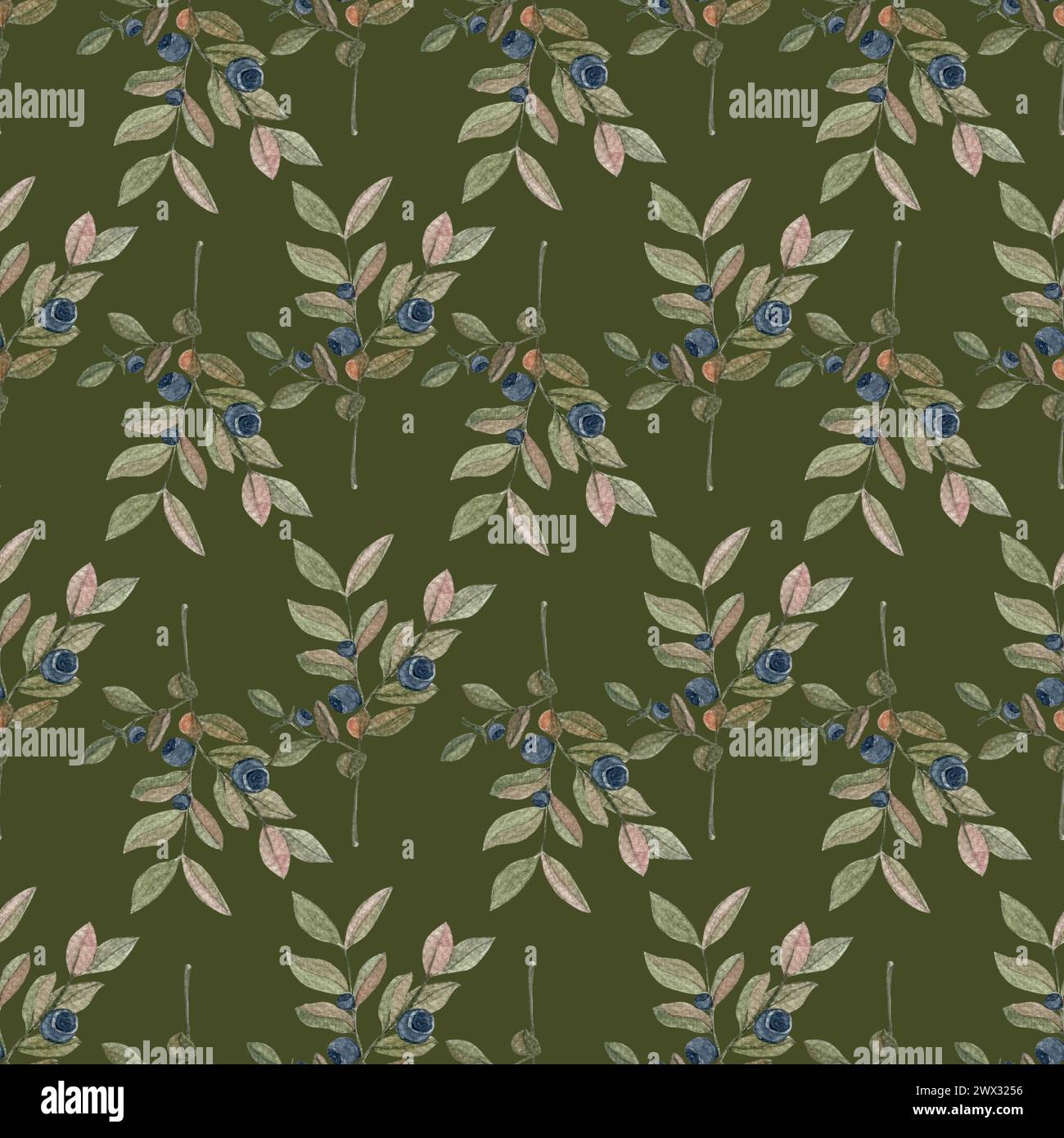 Blueberry sprig watercolor seamless pattern on green background Stock ...