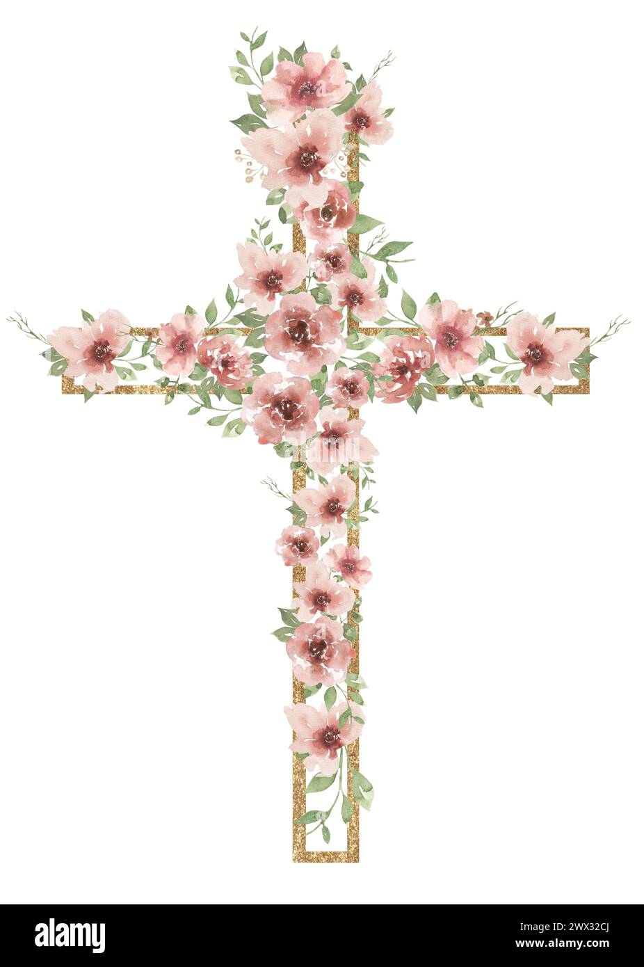 Watercolor pink flowers and greenery cross illustration, floral ...
