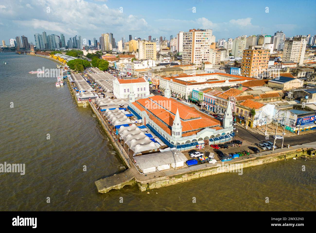 Aerial View of Popular Market Ver o Peso by the River and Belem City ...