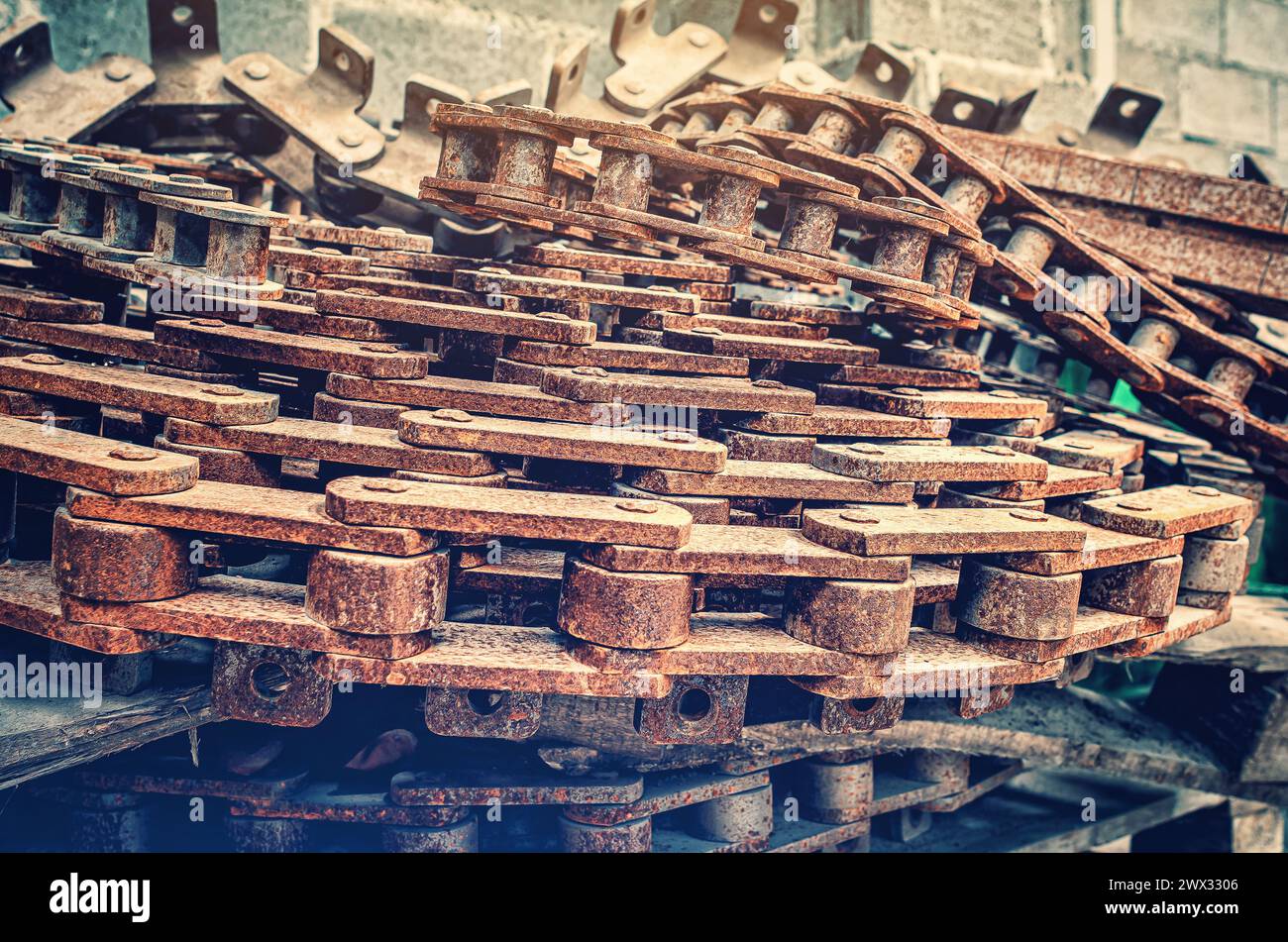 Old chain transmission mechanism. Rusty bearings, cardan shaft, gear ...