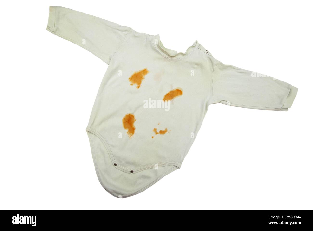 Children's clothing bodysuit with orange stains from vegetable puree on ...