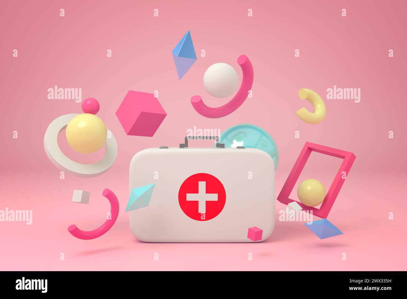 First aid kit surrounded by floating shapes Stock Photo - Alamy