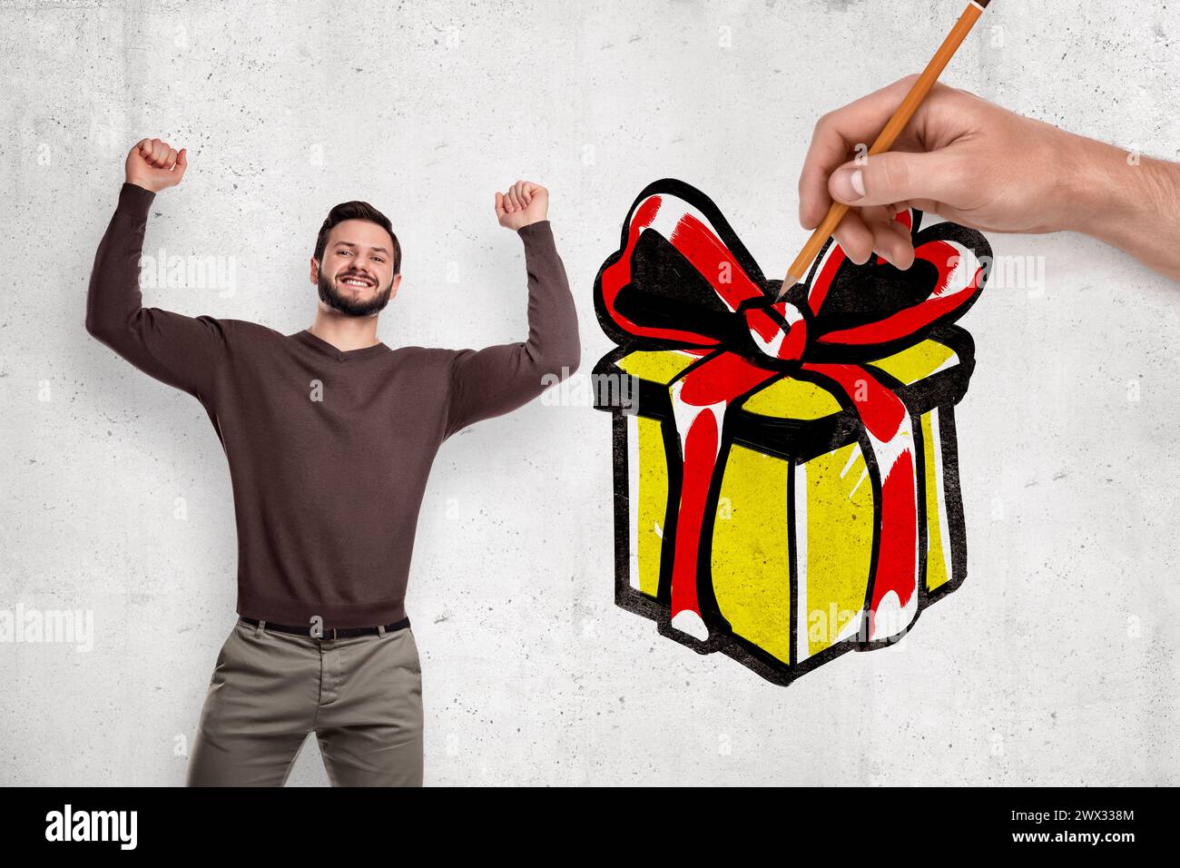 Joyous man with hand-drawn gift illustration Stock Photo - Alamy