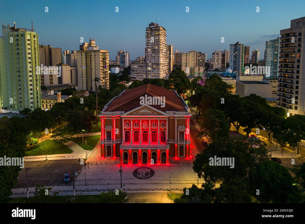 The Peace Theater Illuminated With Red Lights Aerial View in Republica ...