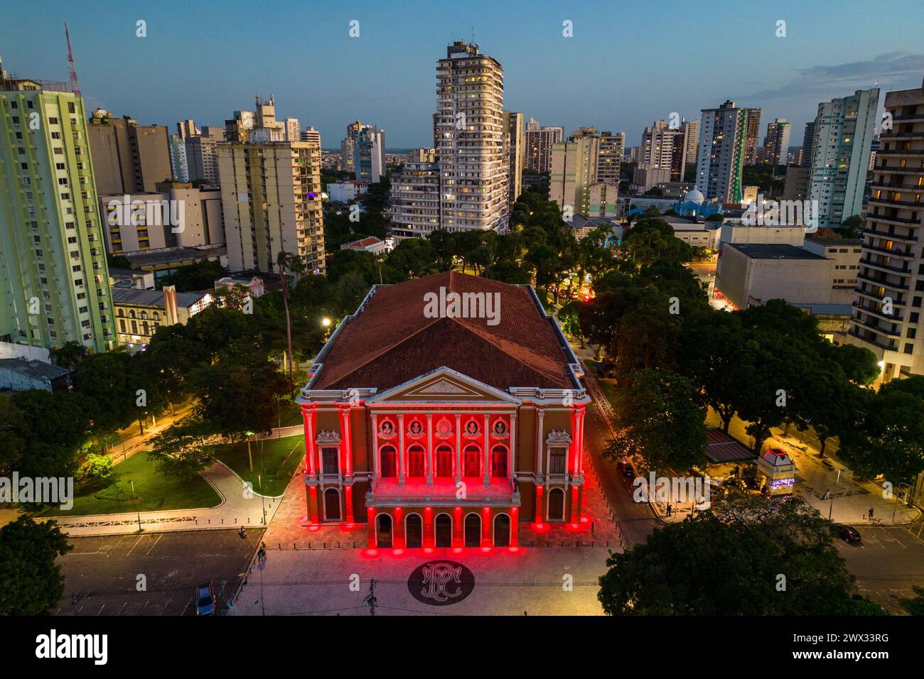 The Peace Theater Illuminated With Red Lights Aerial View in Republica ...