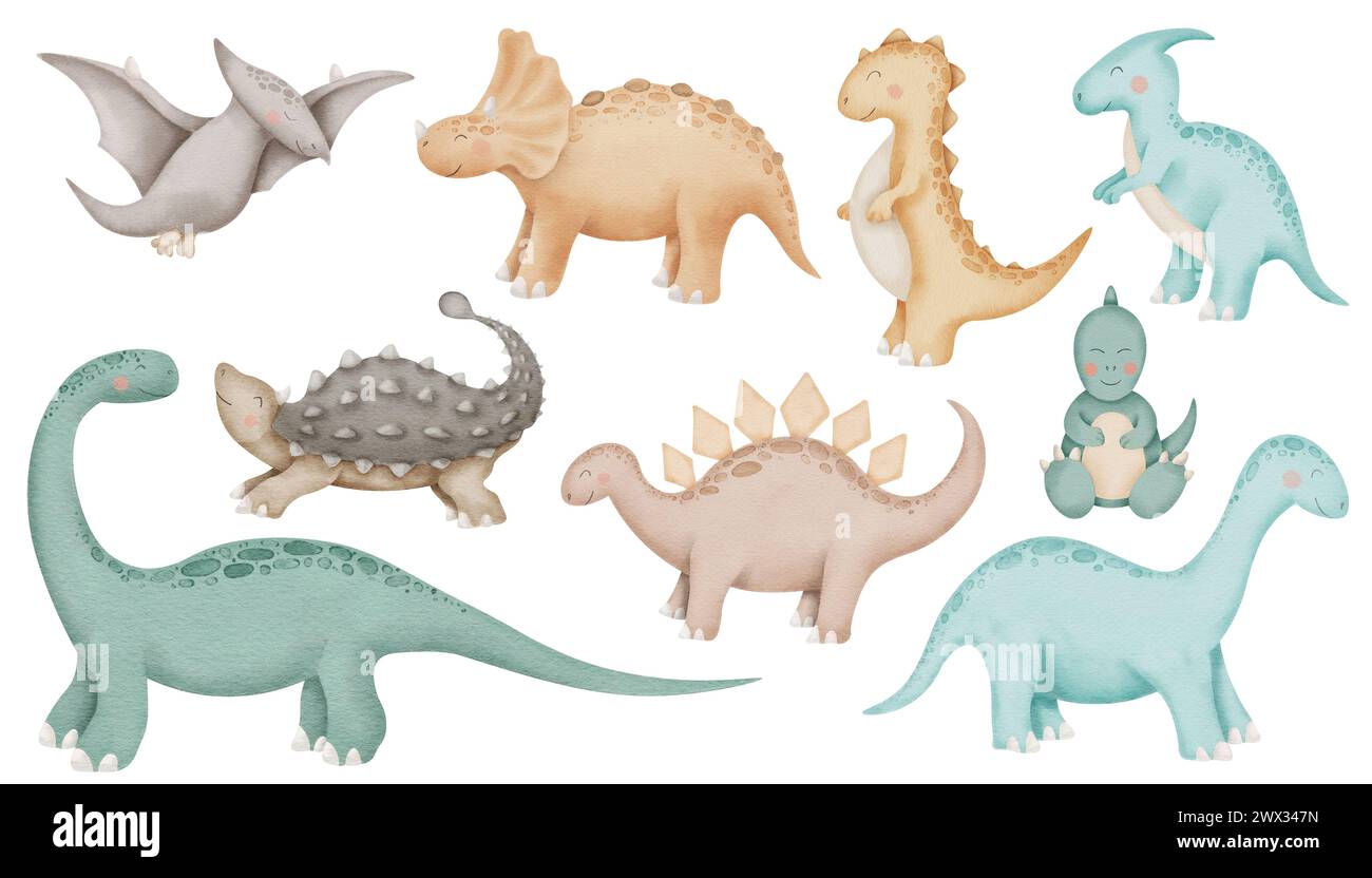 Dinosaurs Set Watercolor clipart. Cute Baby dino illustration. Hand ...