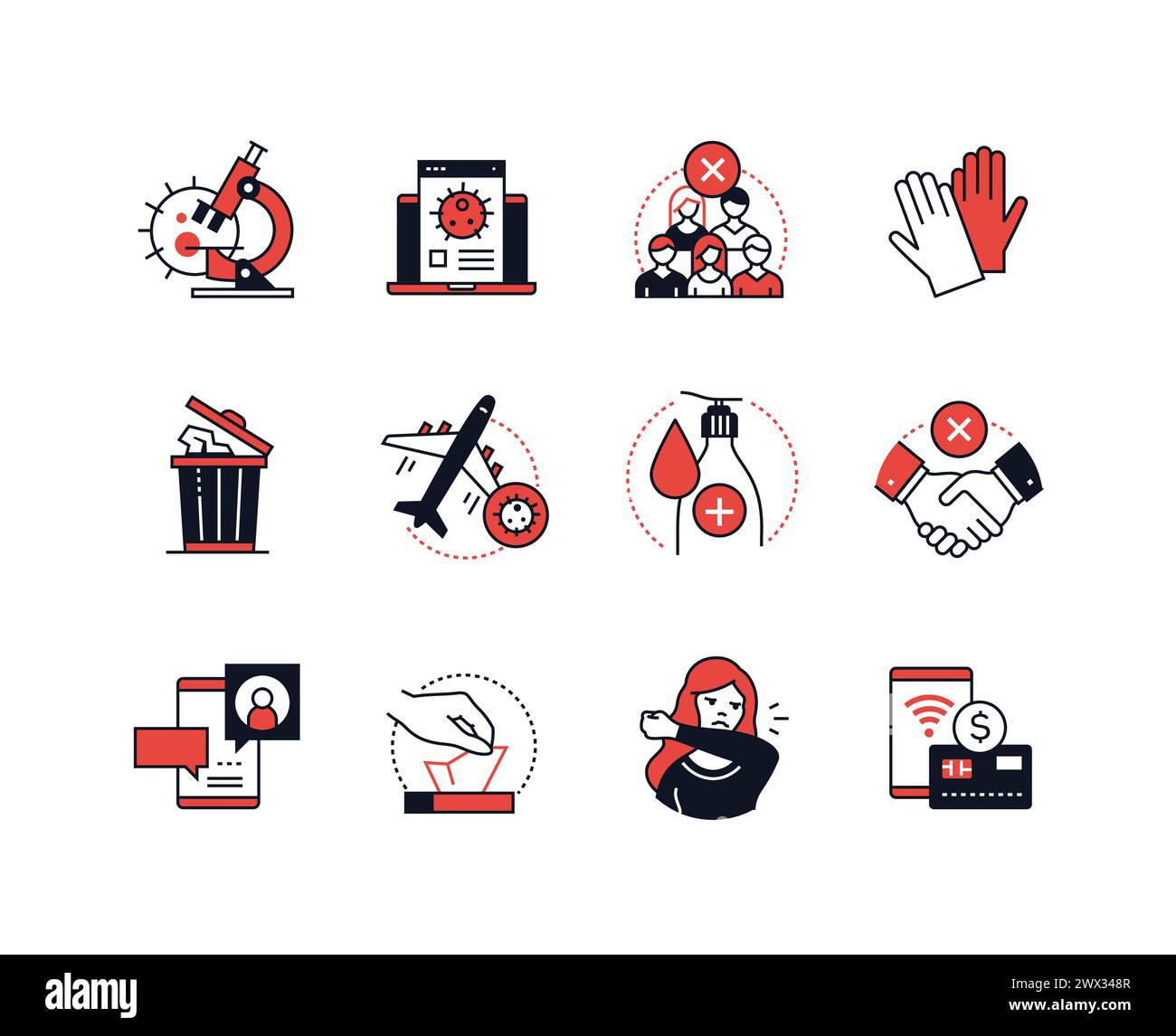 Dangerous virus and protective measures - line design style icons set ...