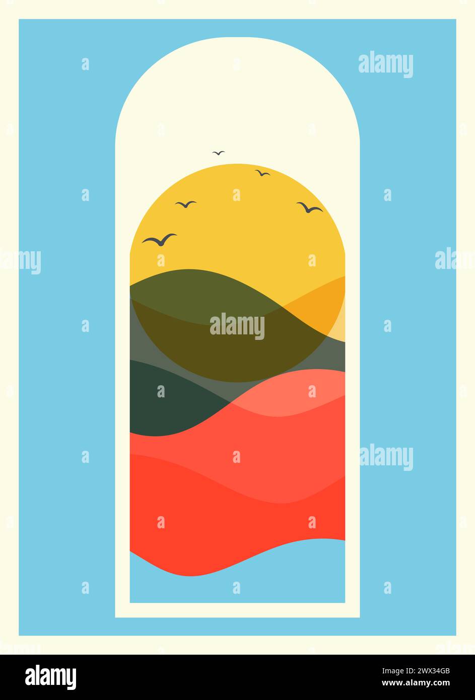 Sunset in the sea view minimalist art. Boho aesthetic cartoon ...