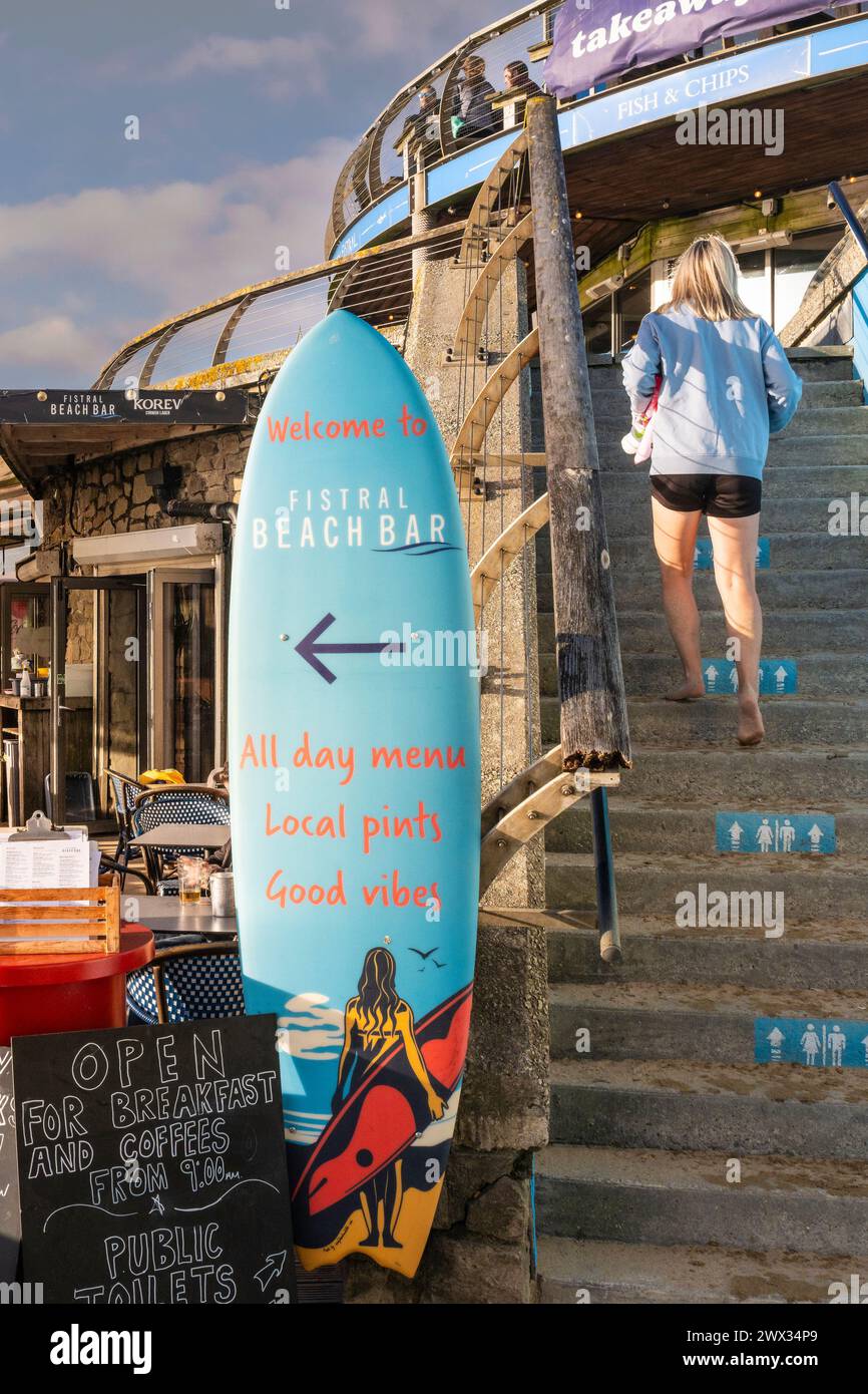 A colourful colorful surfboard sign at the Fistral Beach Bar in Newquay ...
