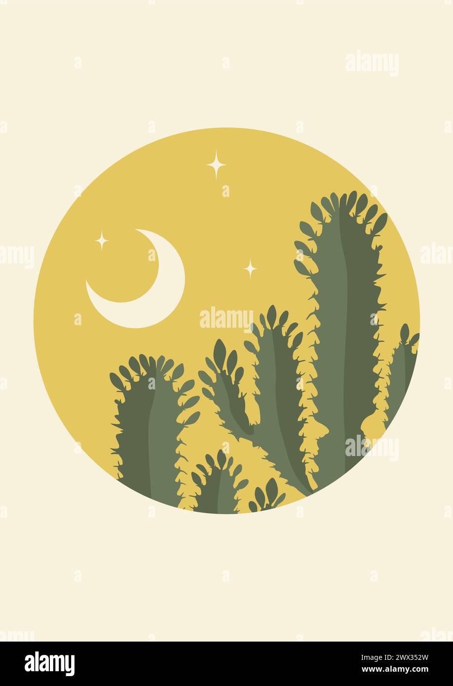Aesthetic night bush with saguaro cactus illustration. Yellow tones ...