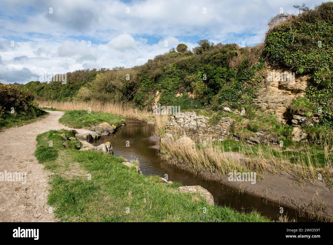 A rough sandy footpath next to the Par Polmear River flowing towards ...