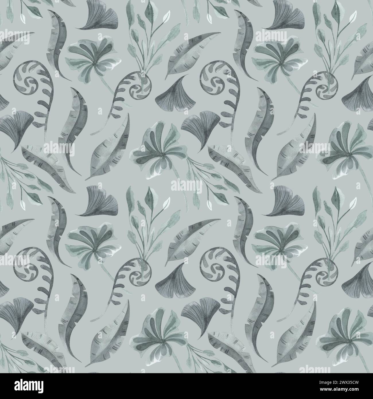 Plants pattern collection. Watercolor green plants with stones. Perfect ...