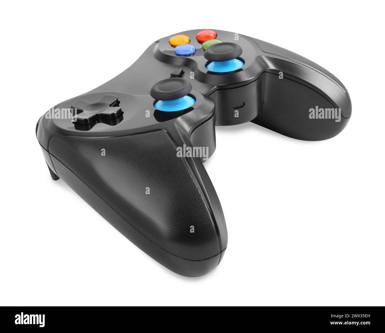 Black wireless controller on white background. Video game device Stock ...