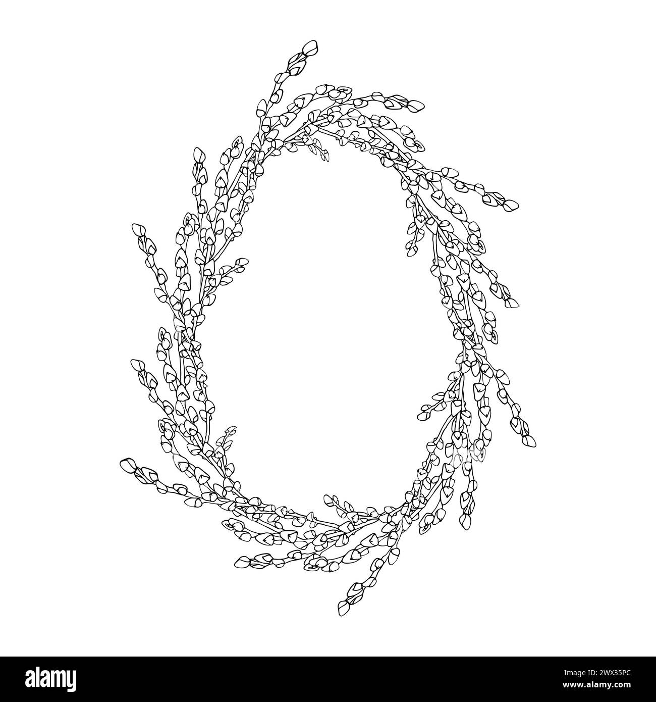 Easter catkins egg wreath background, hand drawn floral elements for ...