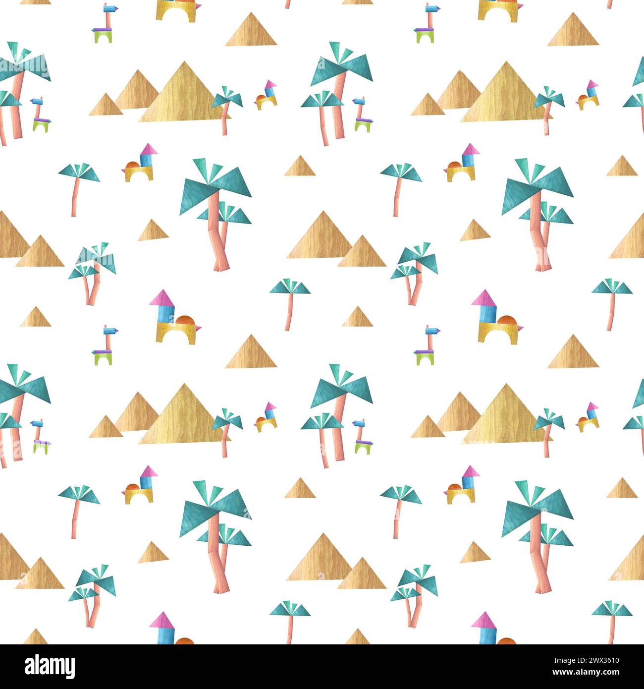 Palm trees, pyramids, animals built from wooden bricks. Watercolor ...