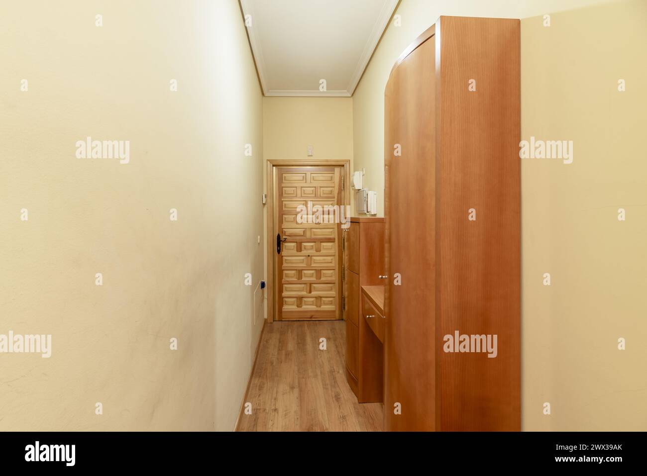 Hall of a house with corridor and access door made of pine panel wood ...