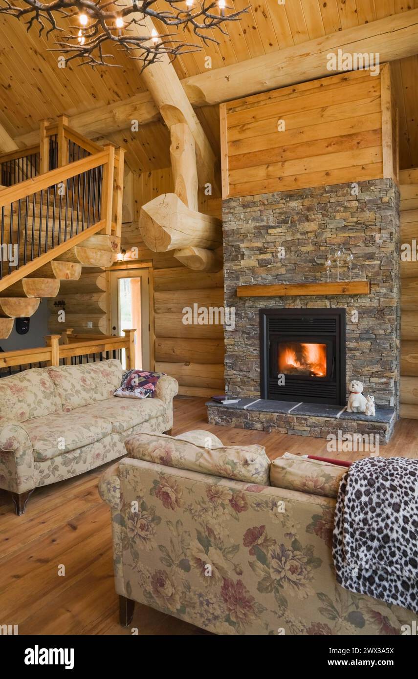 Fireplace Log Stairs Kitchen And Dining Area In A Log Interior
