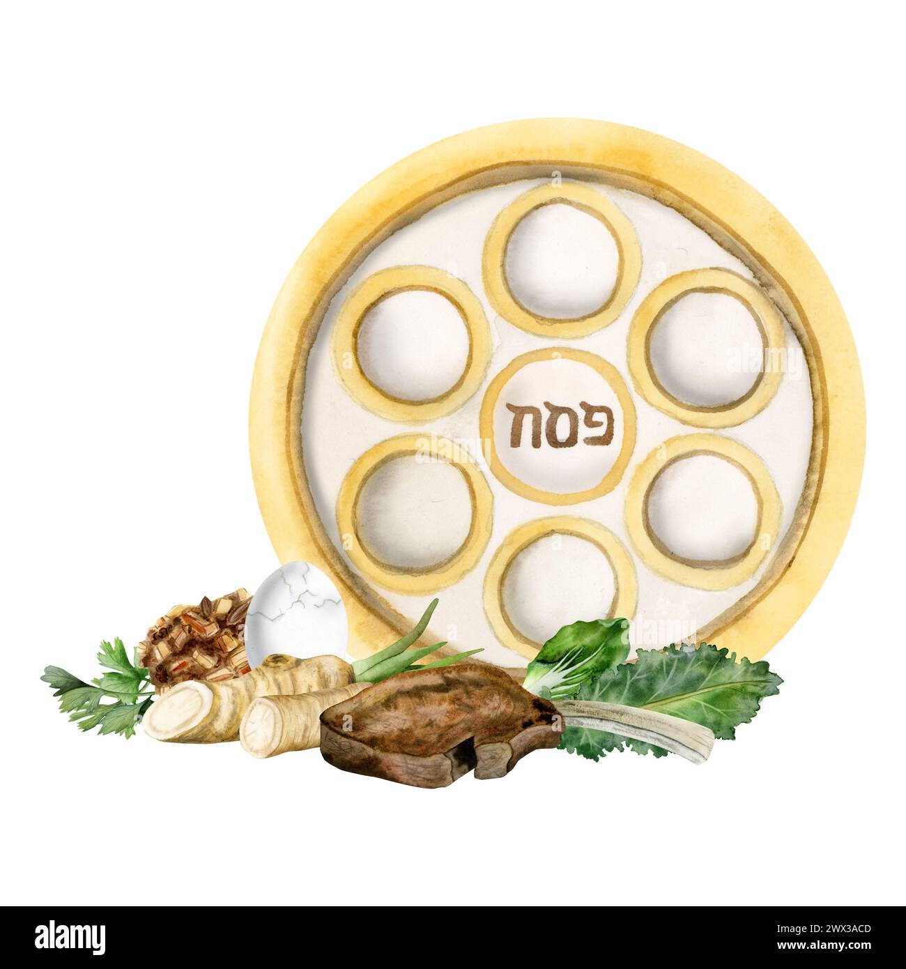 Gold Passover seder plate with traditional holiday food watercolor ...