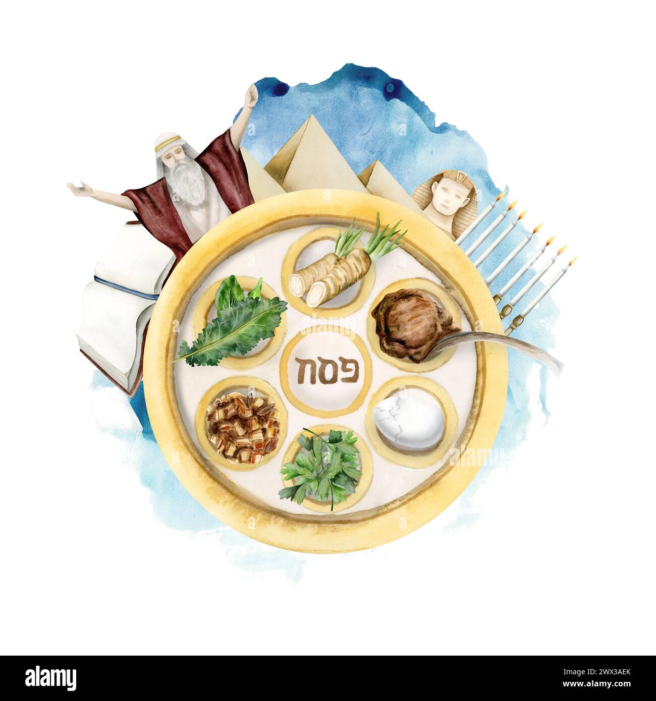 Passover Exodus story with seder plate and holiday food watercolor ...
