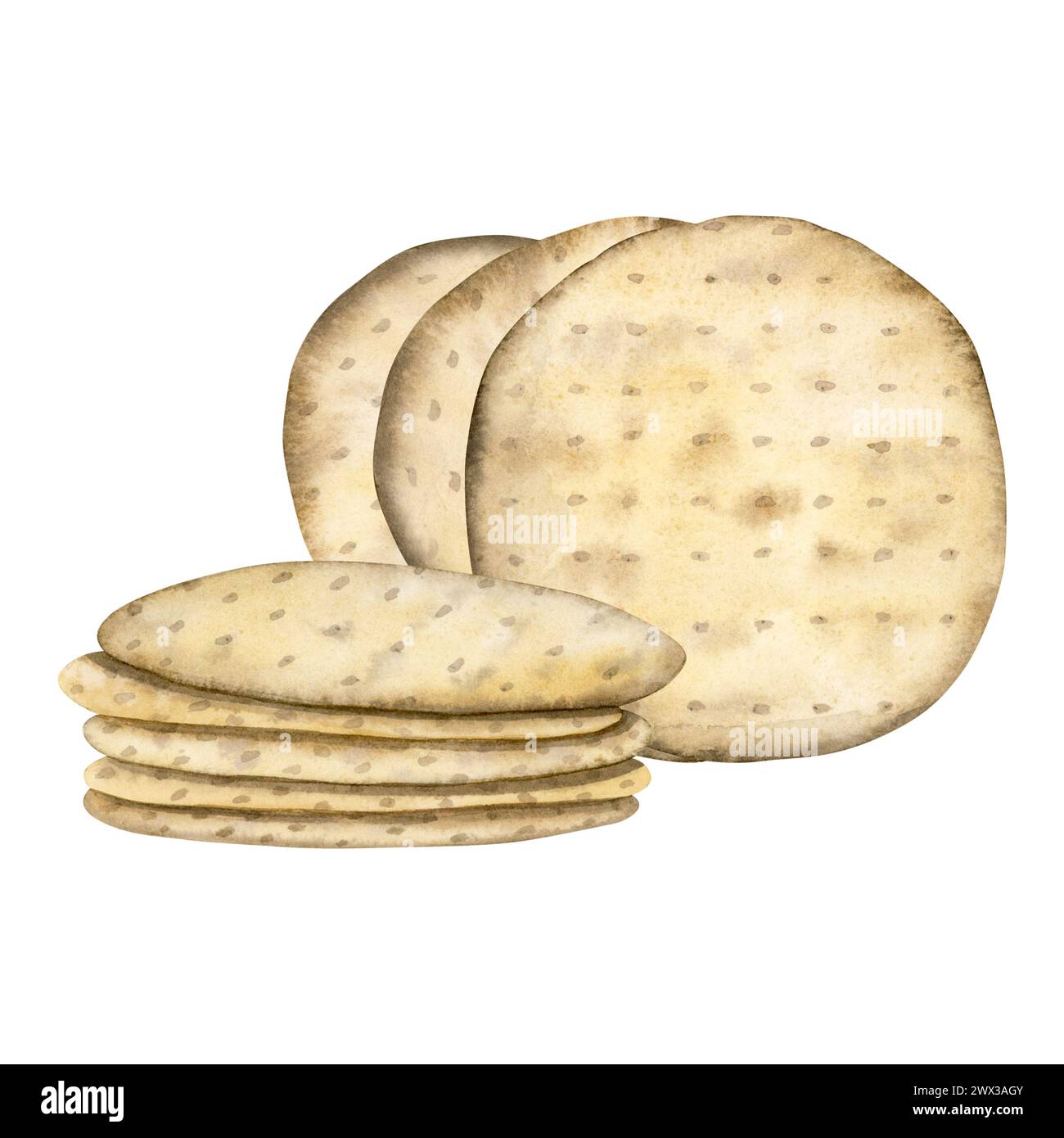 Round Passover matzah bread in stacks watercolor illustration isolated ...