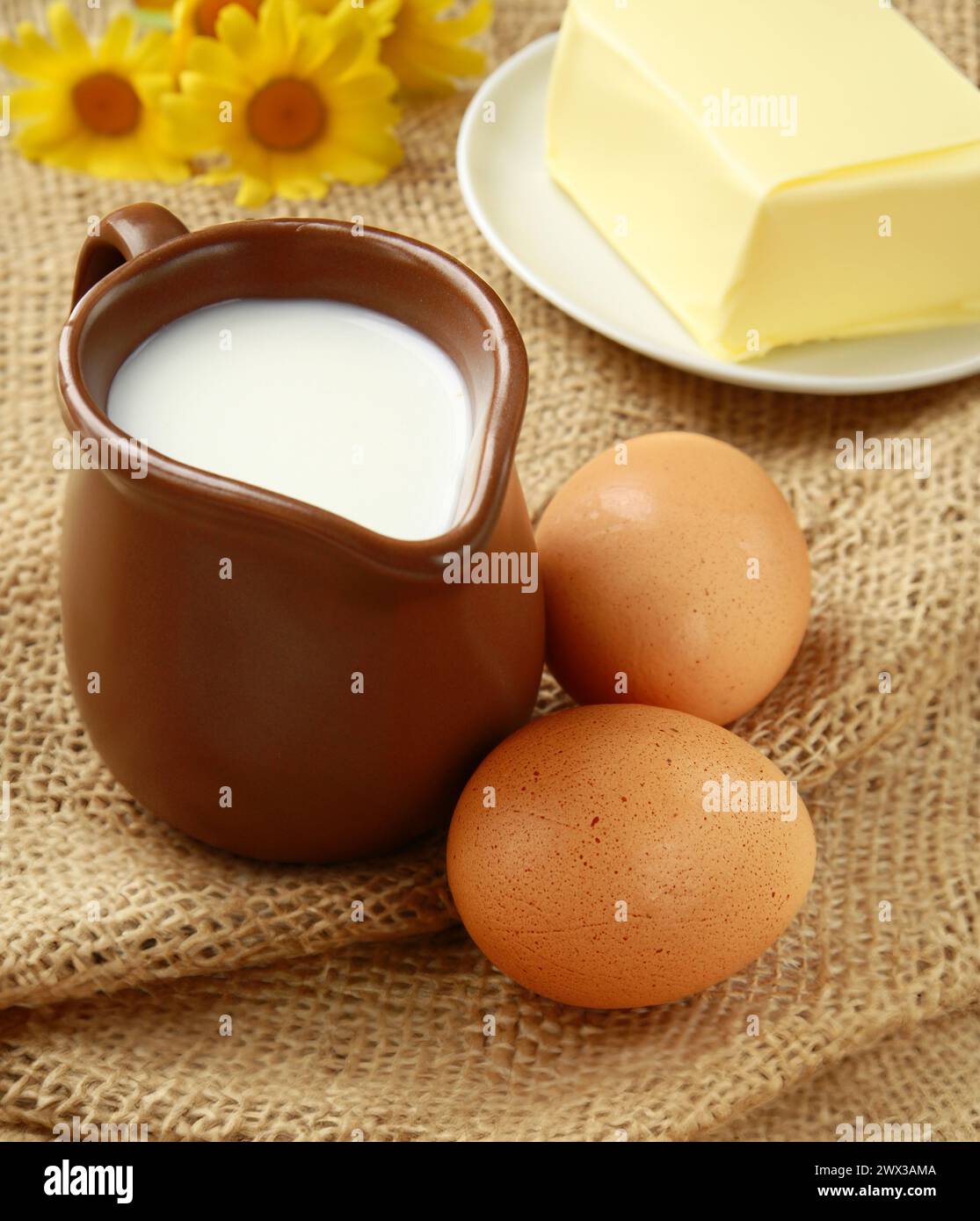 organic milk in a jug and fresh eggs farm product Stock Photo - Alamy