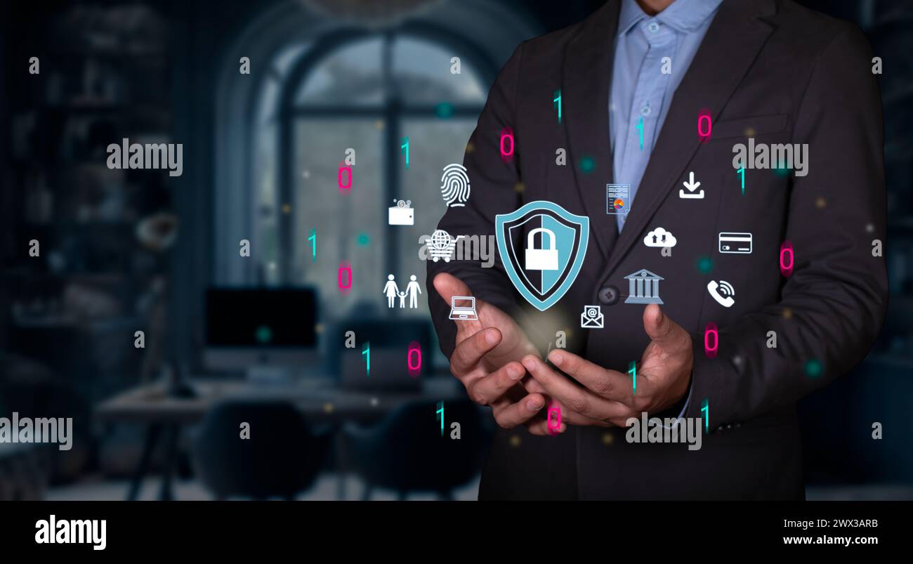 Cyber security protection concept. Businessman protects his family and ...