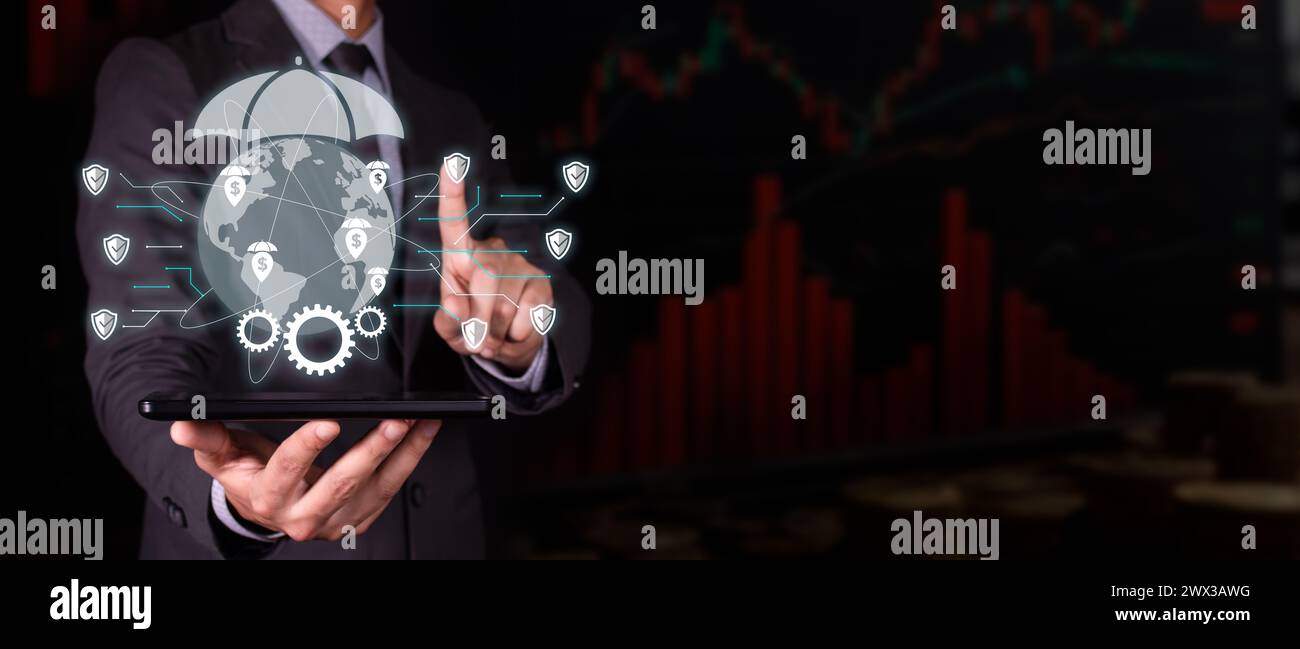 Investment insurance, financial concept: businessman invests securely ...