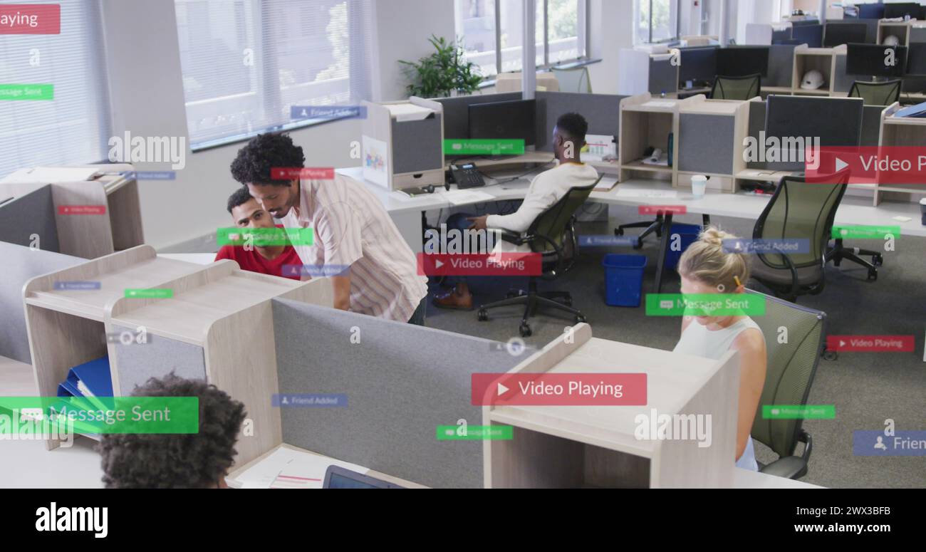 Image of multiple notification bars over diverse coworkers discussing ...