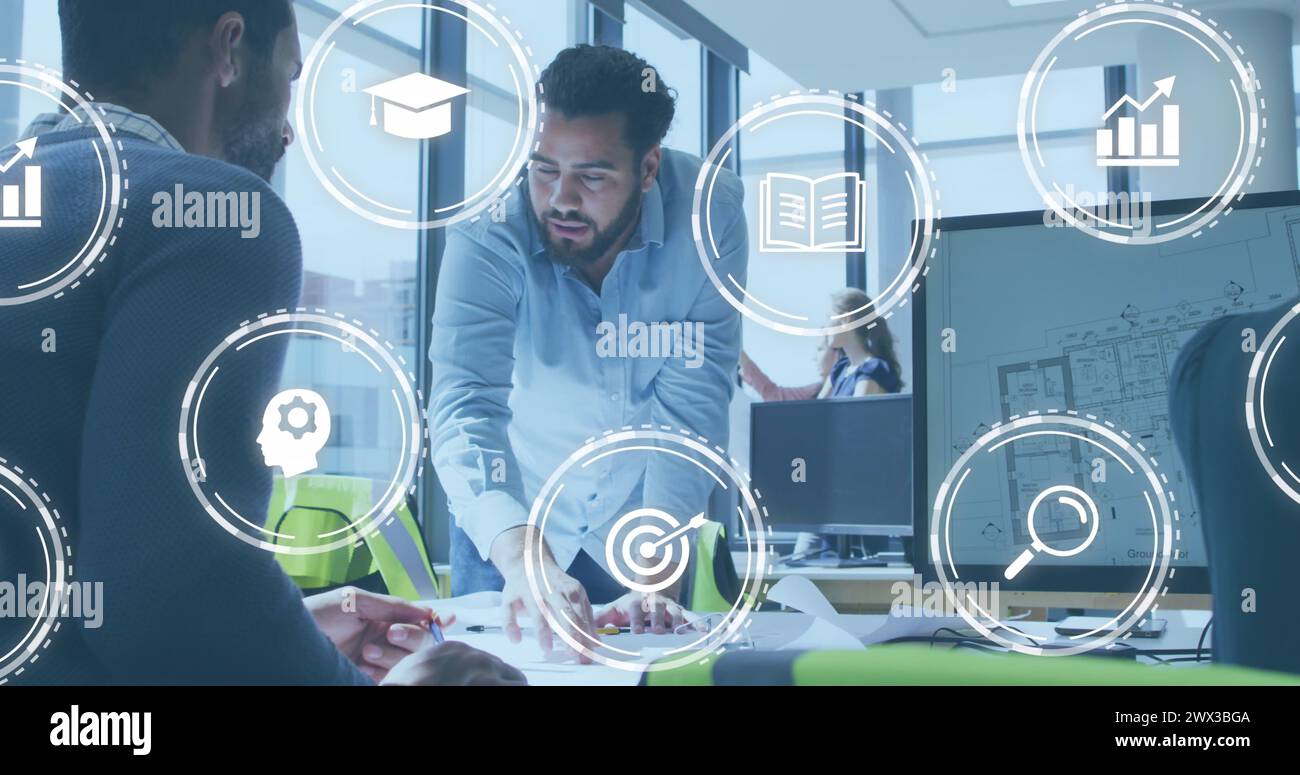 Image of icon in circles over diverse architects discussing about floor ...