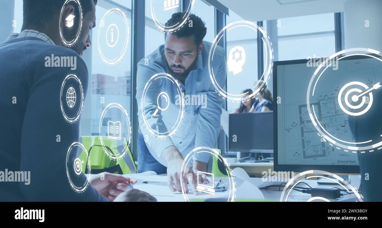 Image of icon in circles over diverse architects discussing about floor ...