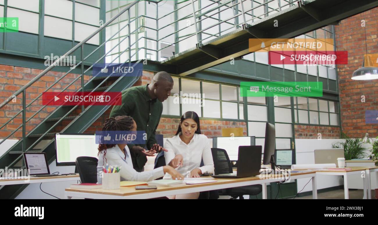 Image of notification bars over diverse coworkers discussing reports on ...